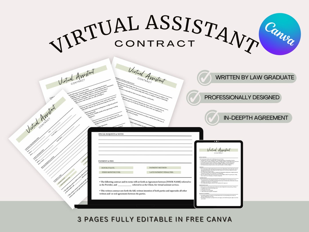 Virtual Assistant Contract Template, Canva Template, , VA Contract Form, Virtual Assistant ...