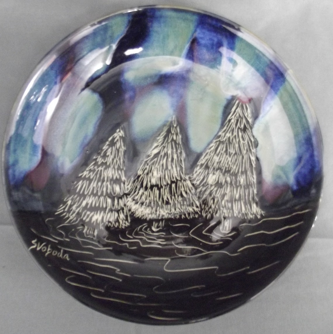 Northern Lights Tree Plate, Pottery Plate With Carved Sgraffito Tree ...