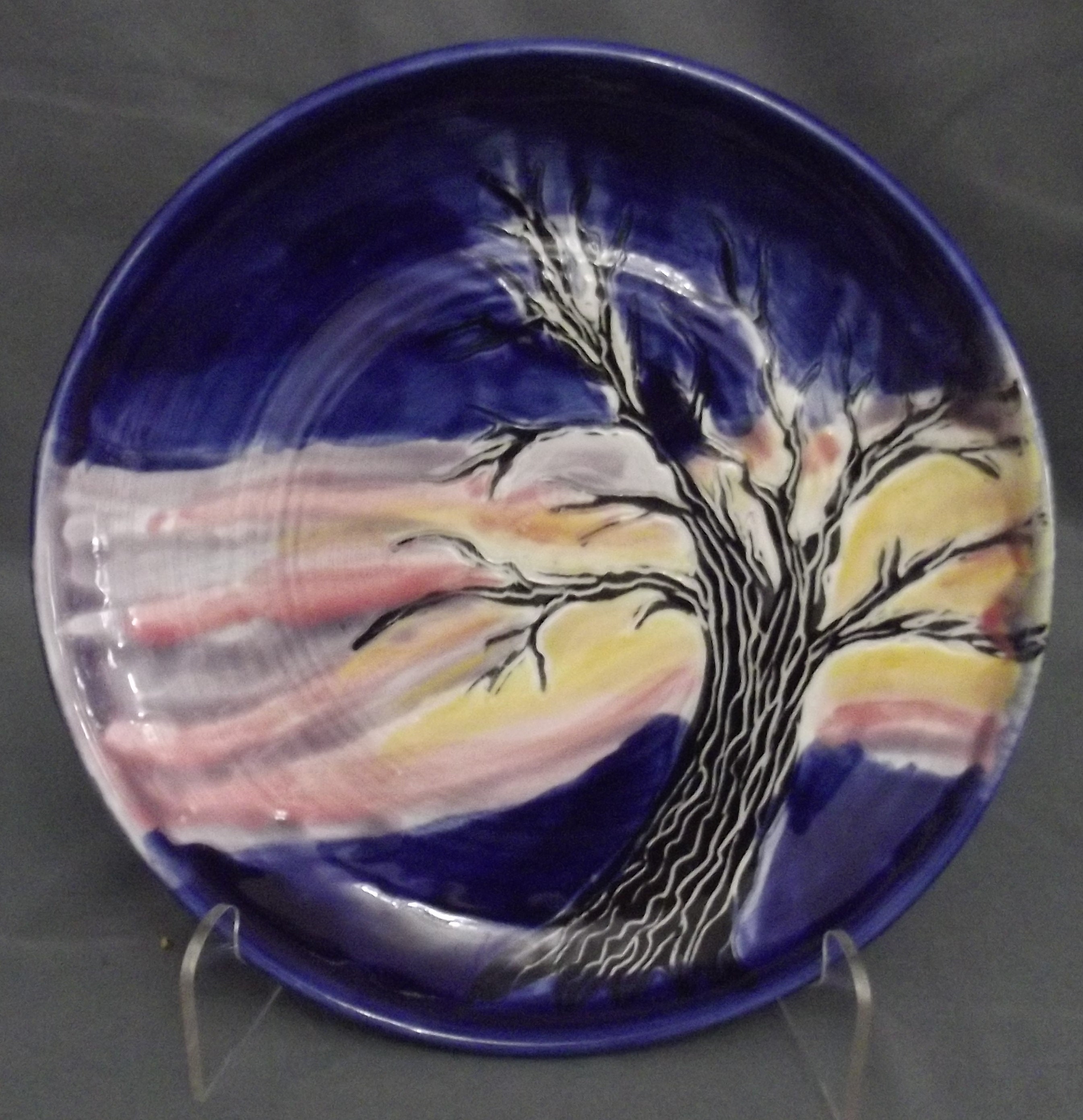 Midnight Tree: Pottery Plate With Carved Sgraffito Tree Design With ...