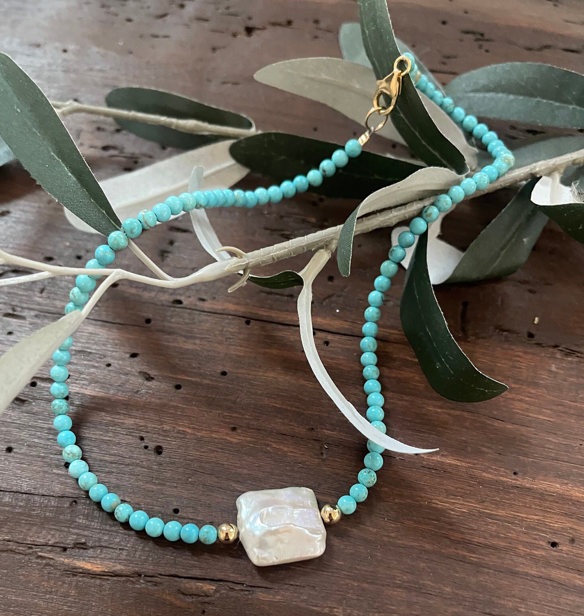 Baroque Pearl Turquoise Necklace 14K Gold Filled Freshwater Square ...