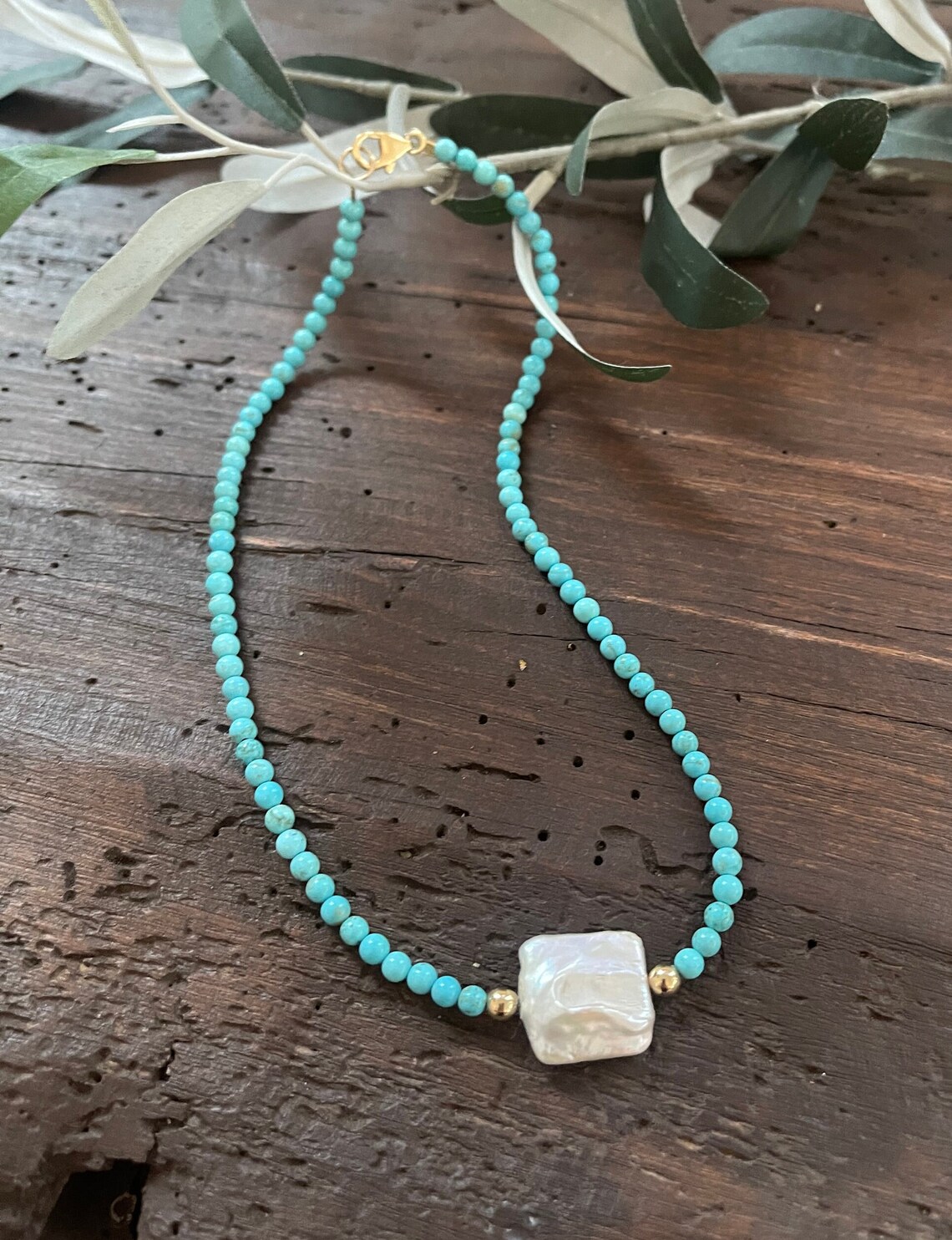 Baroque Pearl Turquoise Necklace 14K Gold Filled Freshwater Square ...