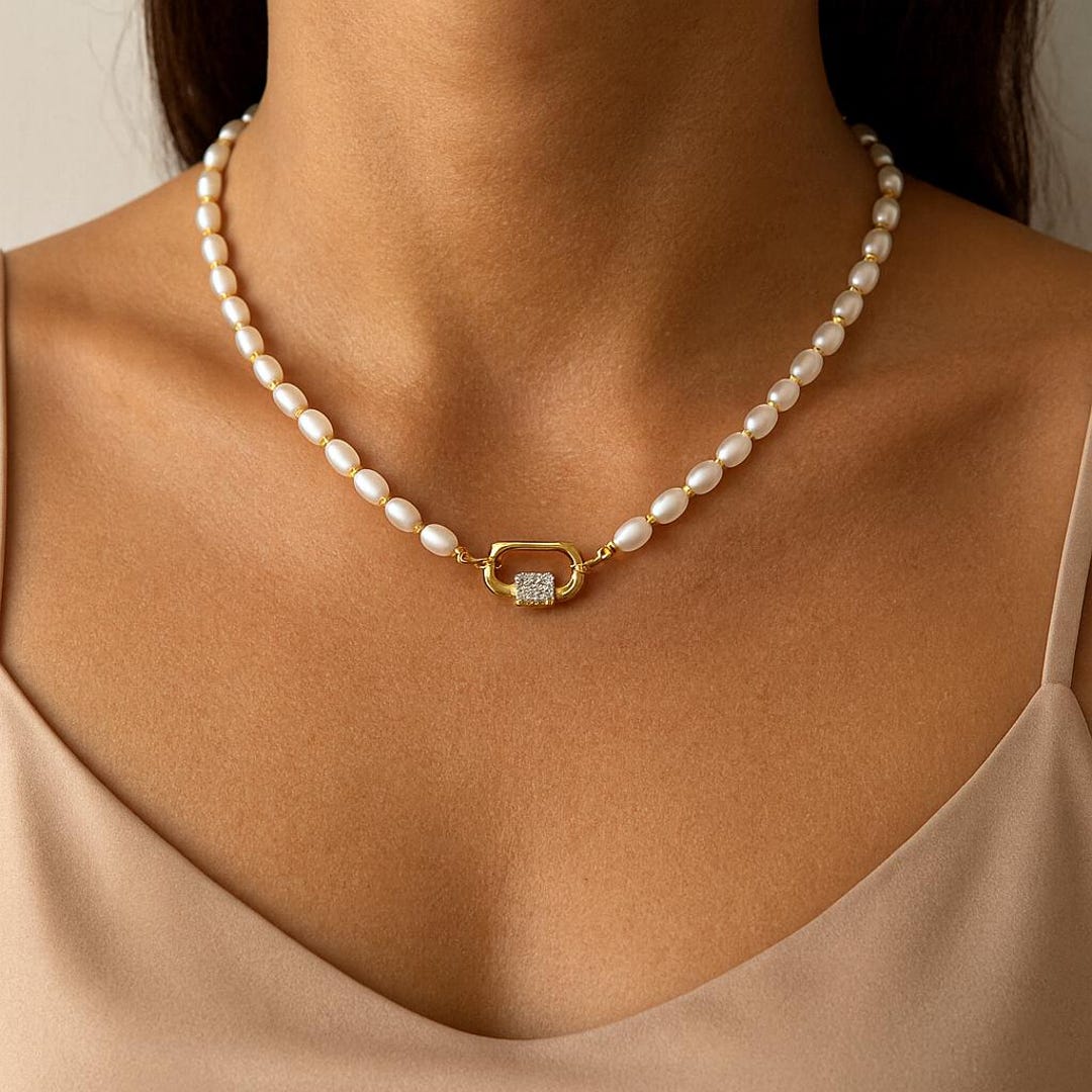 Freshwater Pearl Carabiner Pendant Necklace: 14k Gold Filled Crystal ...