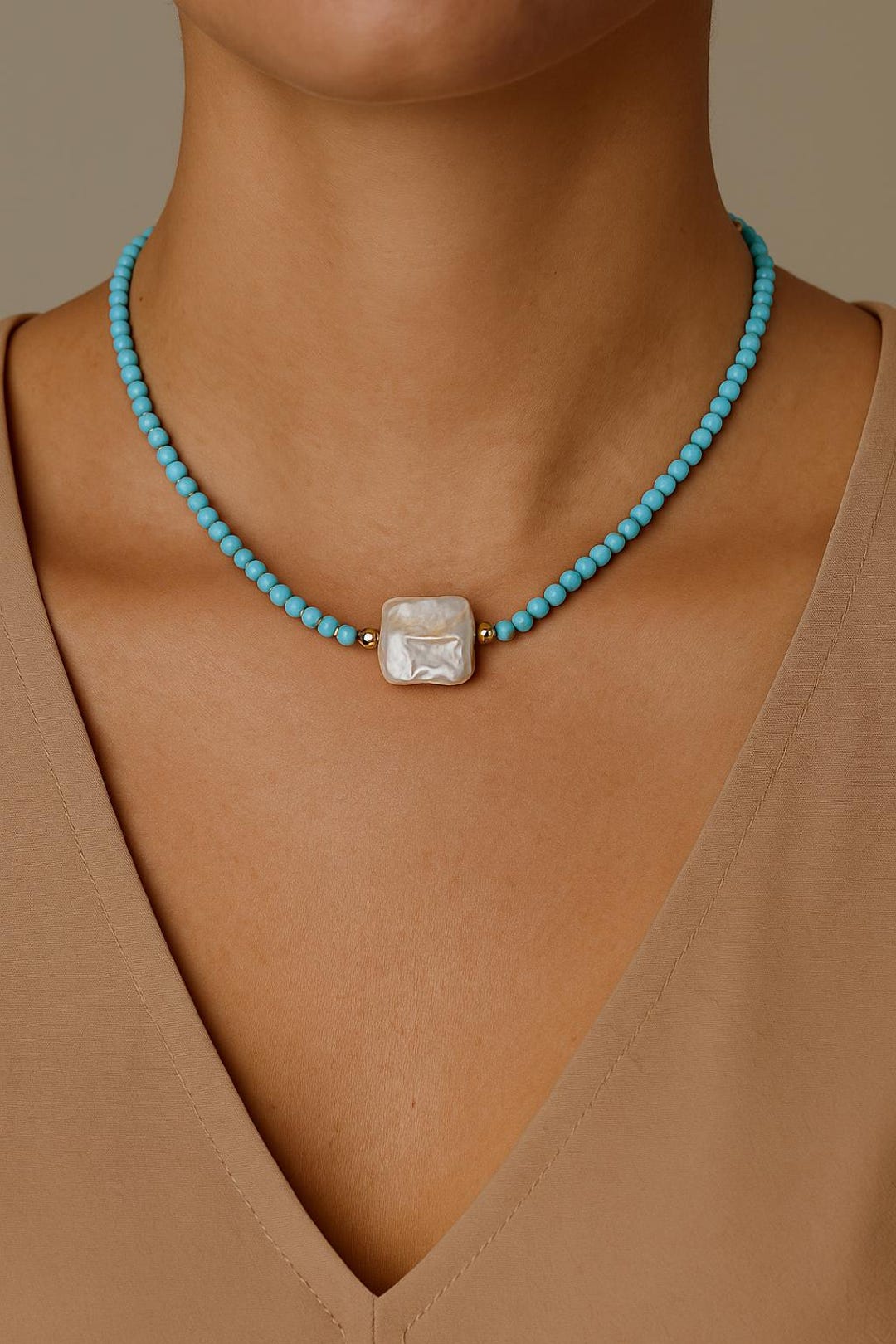 Baroque Pearl Turquoise Necklace - 14K Gold Filled Freshwater Square ...