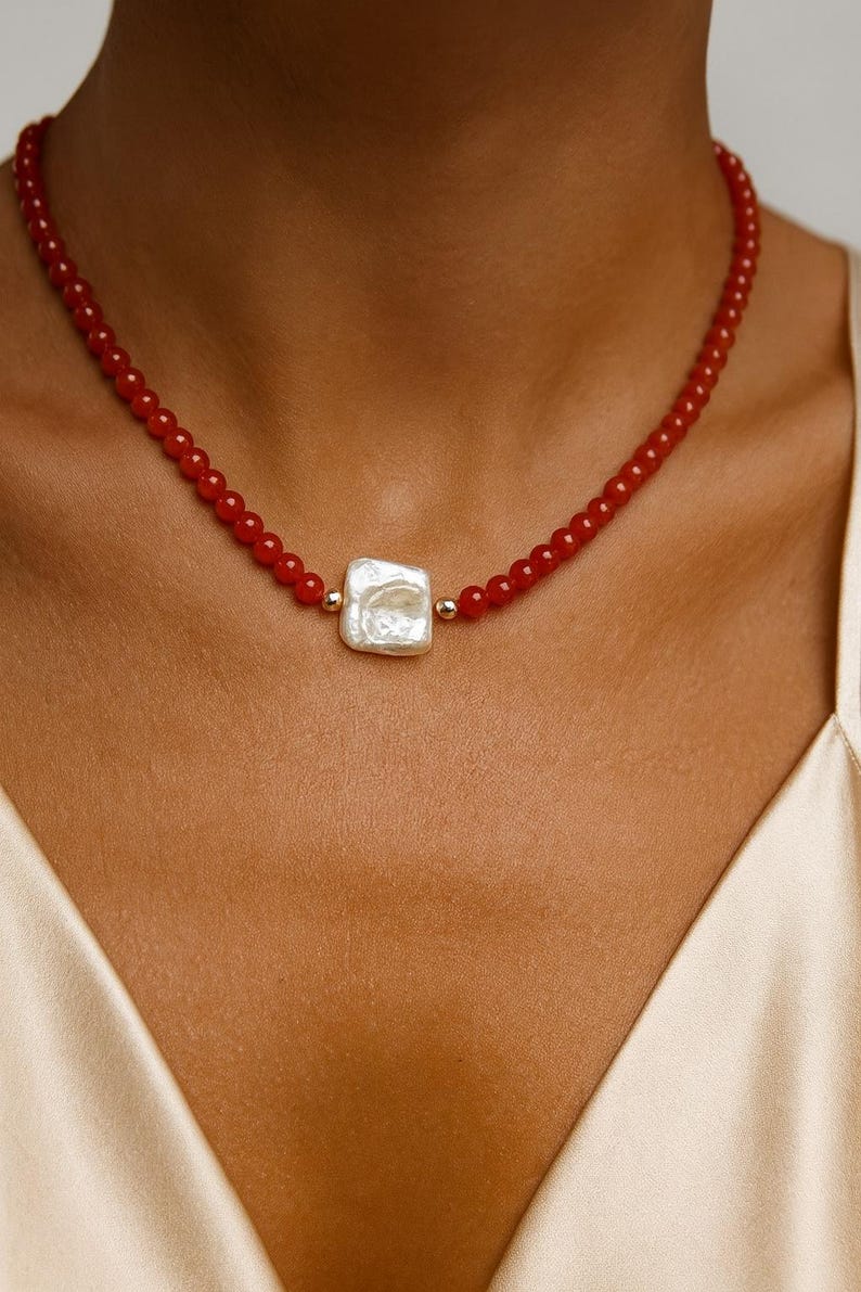 Carnelian Beaded Necklace: 14K Gold Filled Square Baroque Pearl Pendant ...