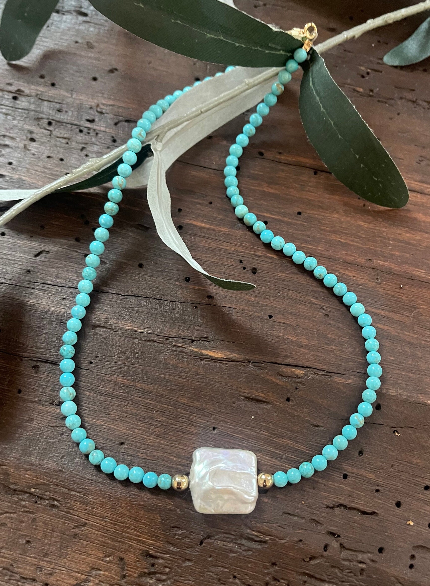 Baroque Pearl Turquoise Necklace 14K Gold Filled Freshwater Square ...