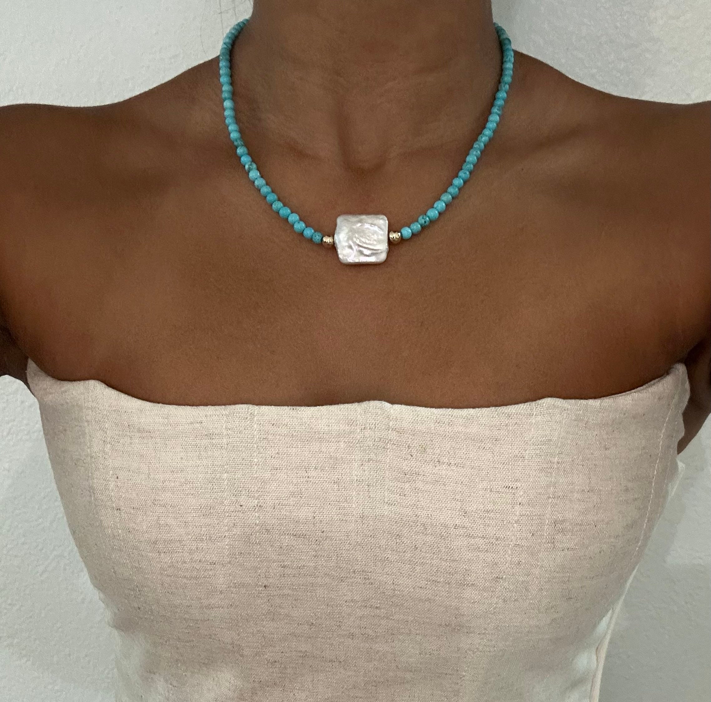 Baroque Pearl Turquoise Necklace 14K Gold Filled Freshwater Square ...