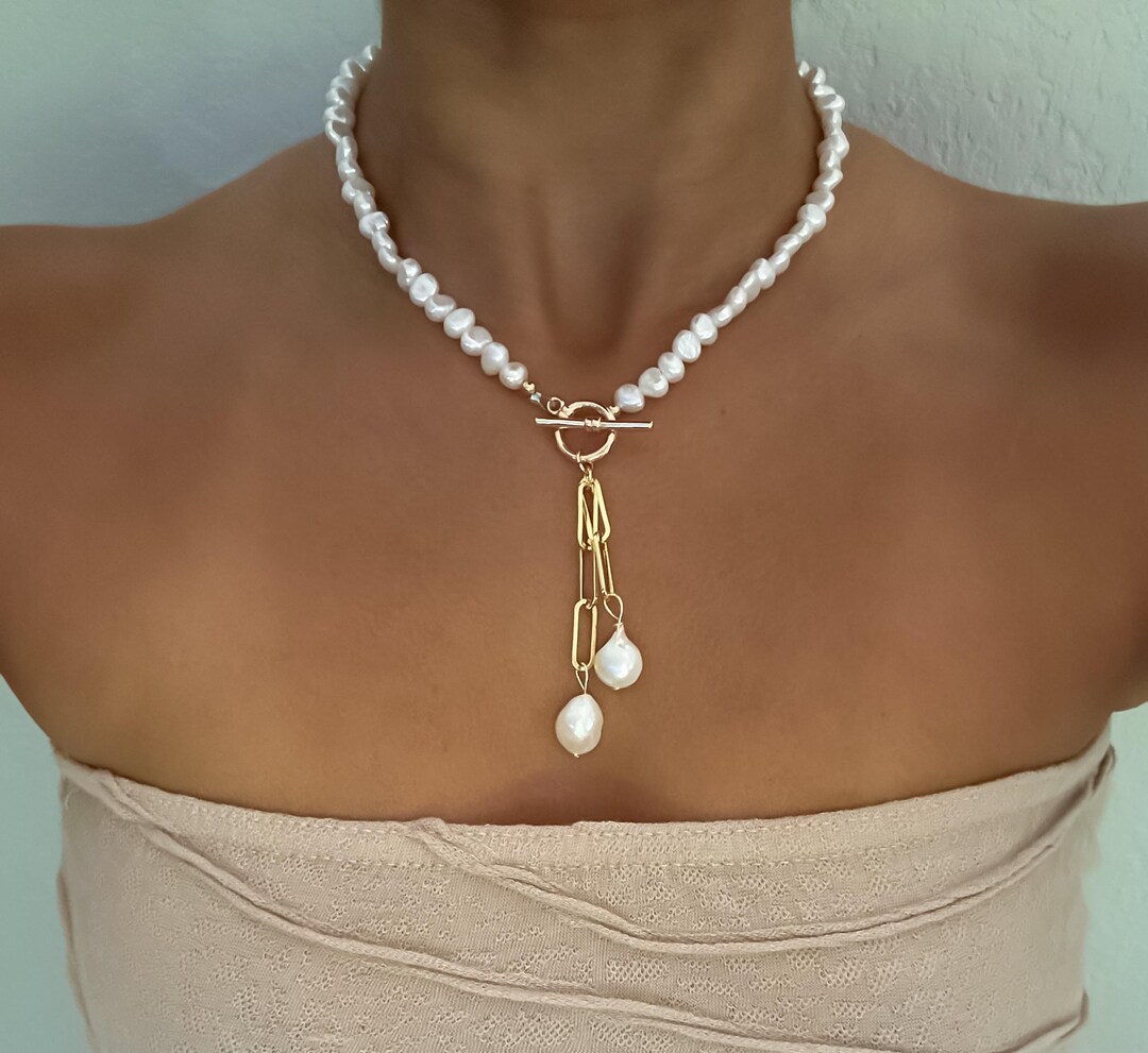 Freshwater Pearl Toggle Chain Necklace Freshwater 14k Gold Filled Paperclip Chain Necklace ...