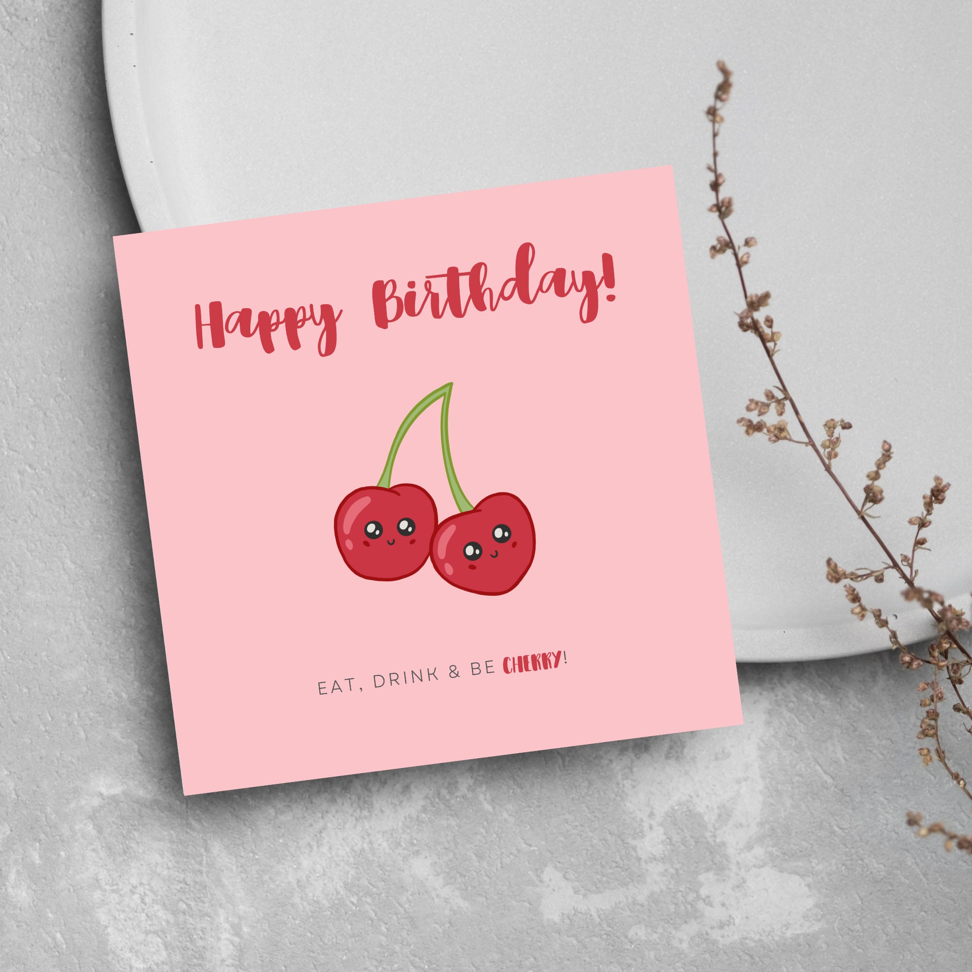 Happy Birthday Cherry Card - Etsy