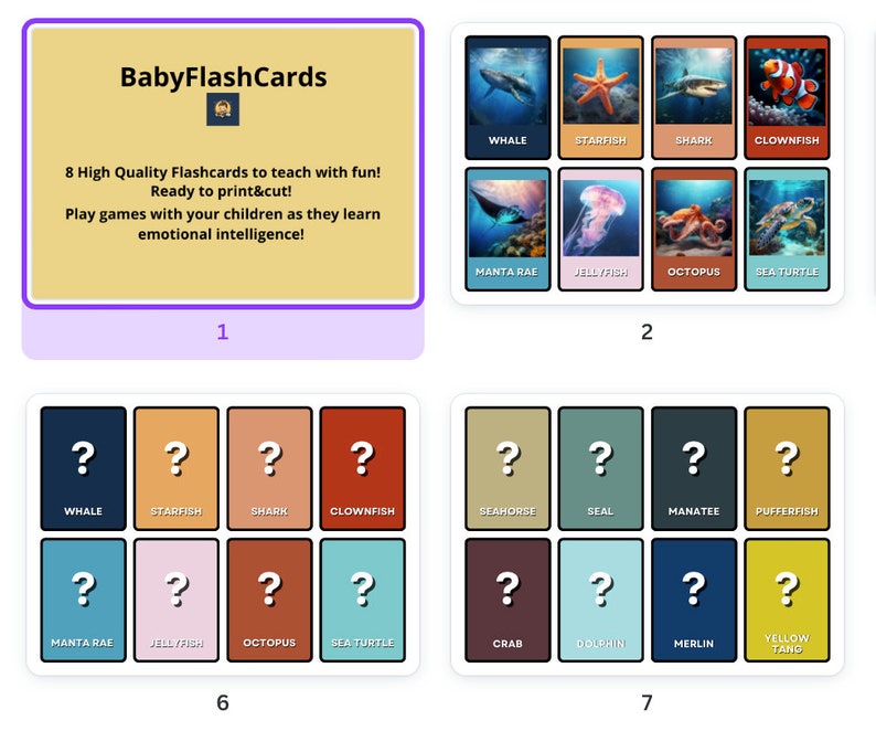 16 Sea Animals Flashcards - Teach With Fun Games! - Etsy