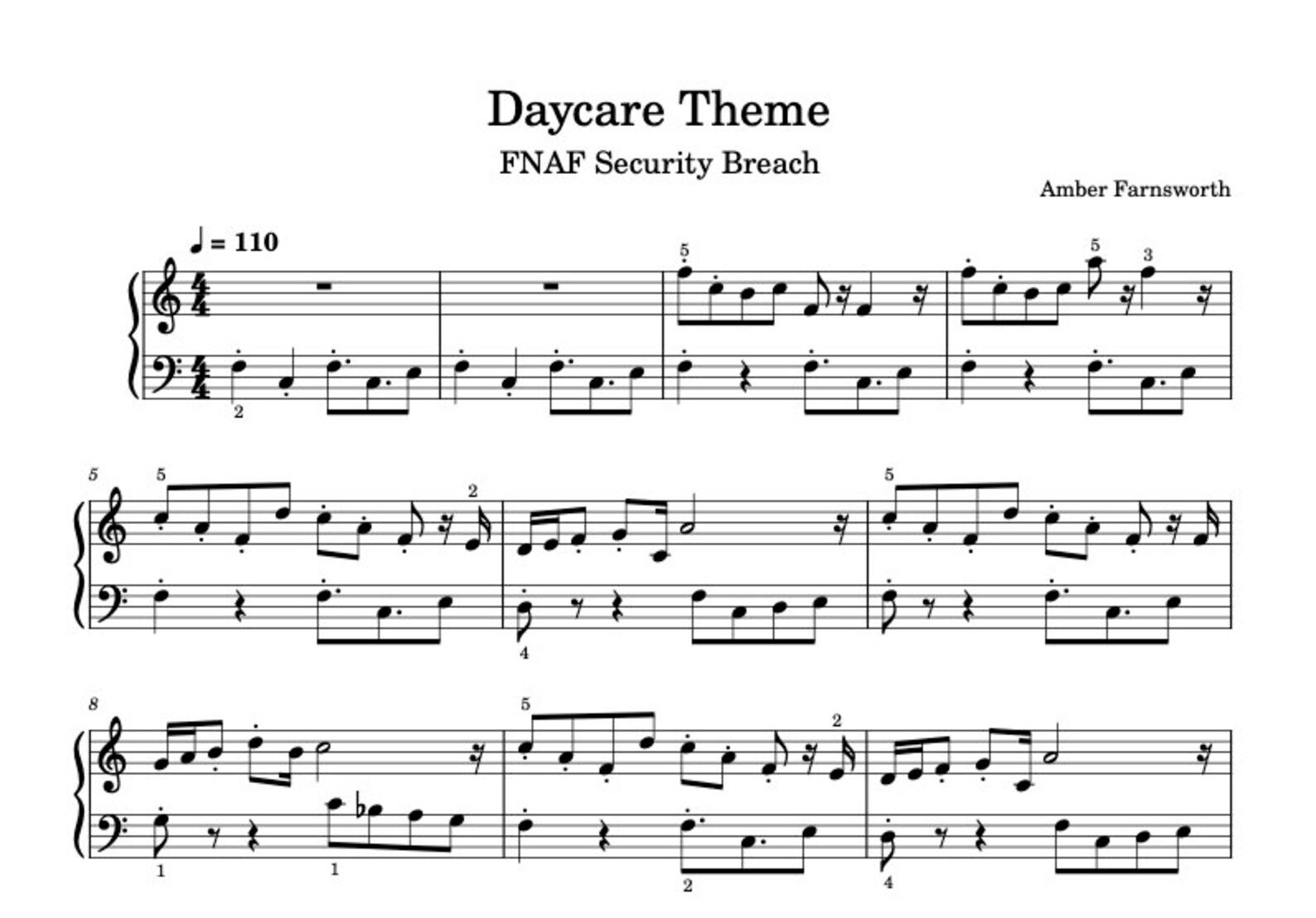 Daycare Theme Sheet Music, FNAF Security Breach Sheet Music, Five ...