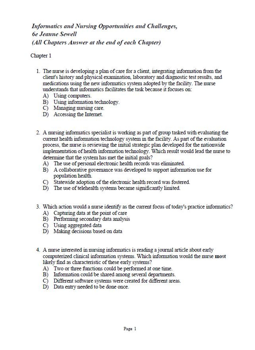 Practice Question and Answers for Informatics and Nursing Opportunities ...