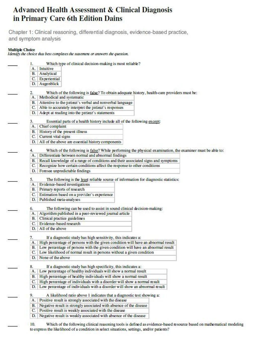 Practice Question and Answers for Advanced Health Assessment and ...