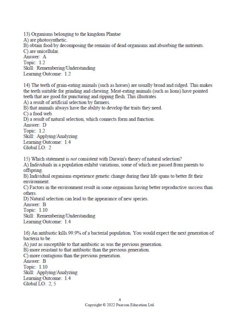 Practice Question and Answers for Campbell Biology Concepts and ...