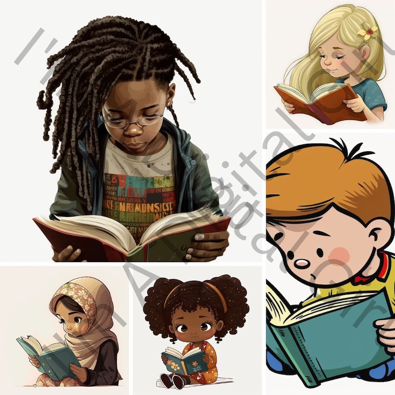 Diverse Readers Clipart Children Reading PNG Instant - Etsy
