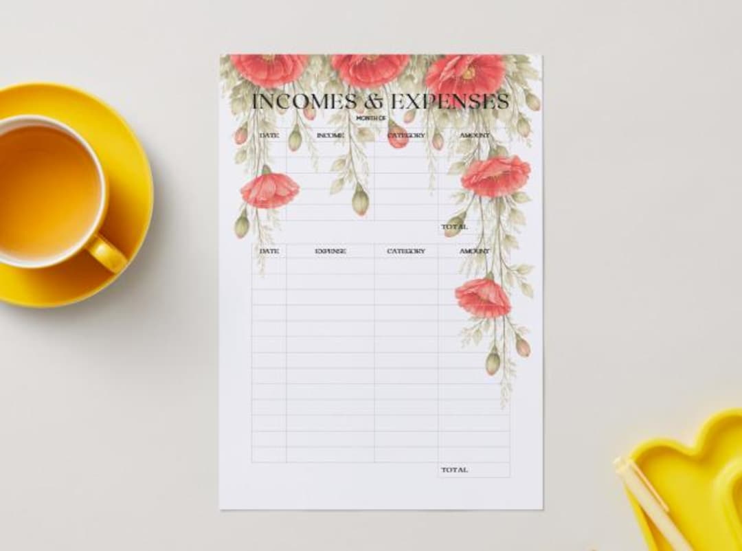 Income & Expenses Printable – Flower Budget Planner – Monthly Expense ...