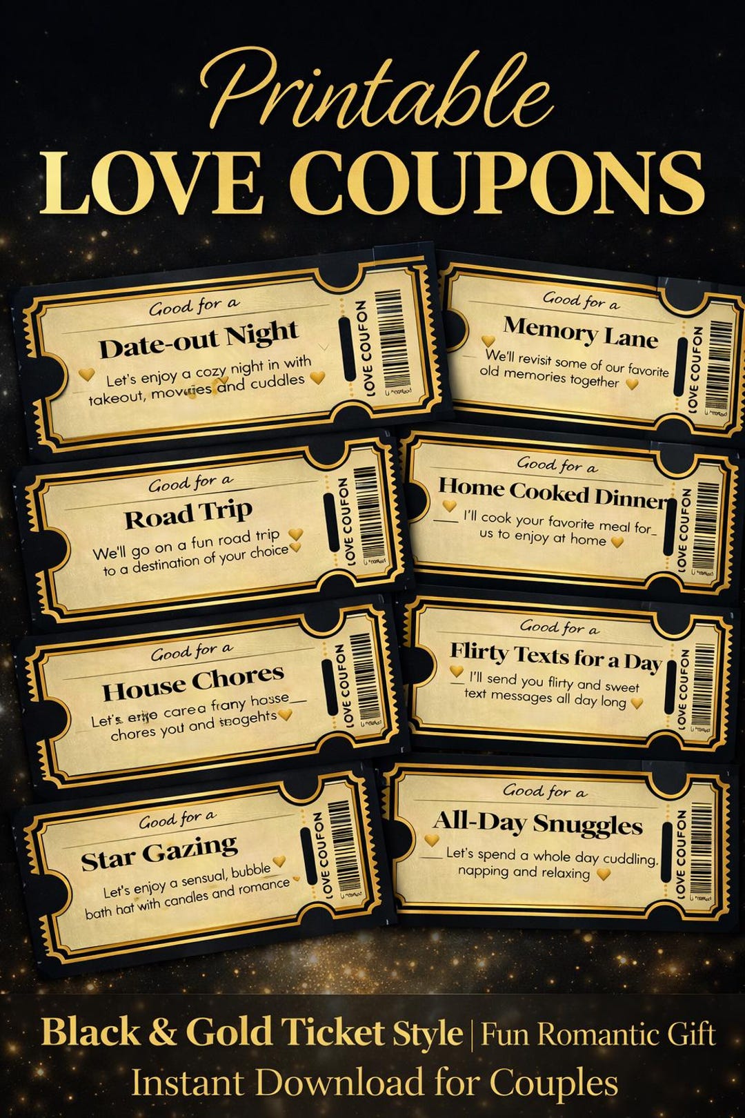 Printable Love Coupons – Black & Gold Ticket Style | Romantic Gift for ...