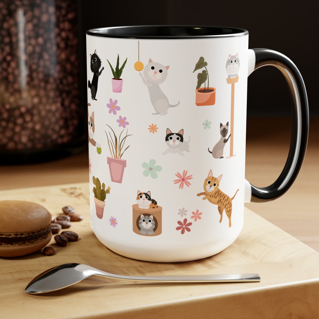 Cute Cat Mug, Cat Lover Coffee Mug With Playful Cats and Plants, Gift ...