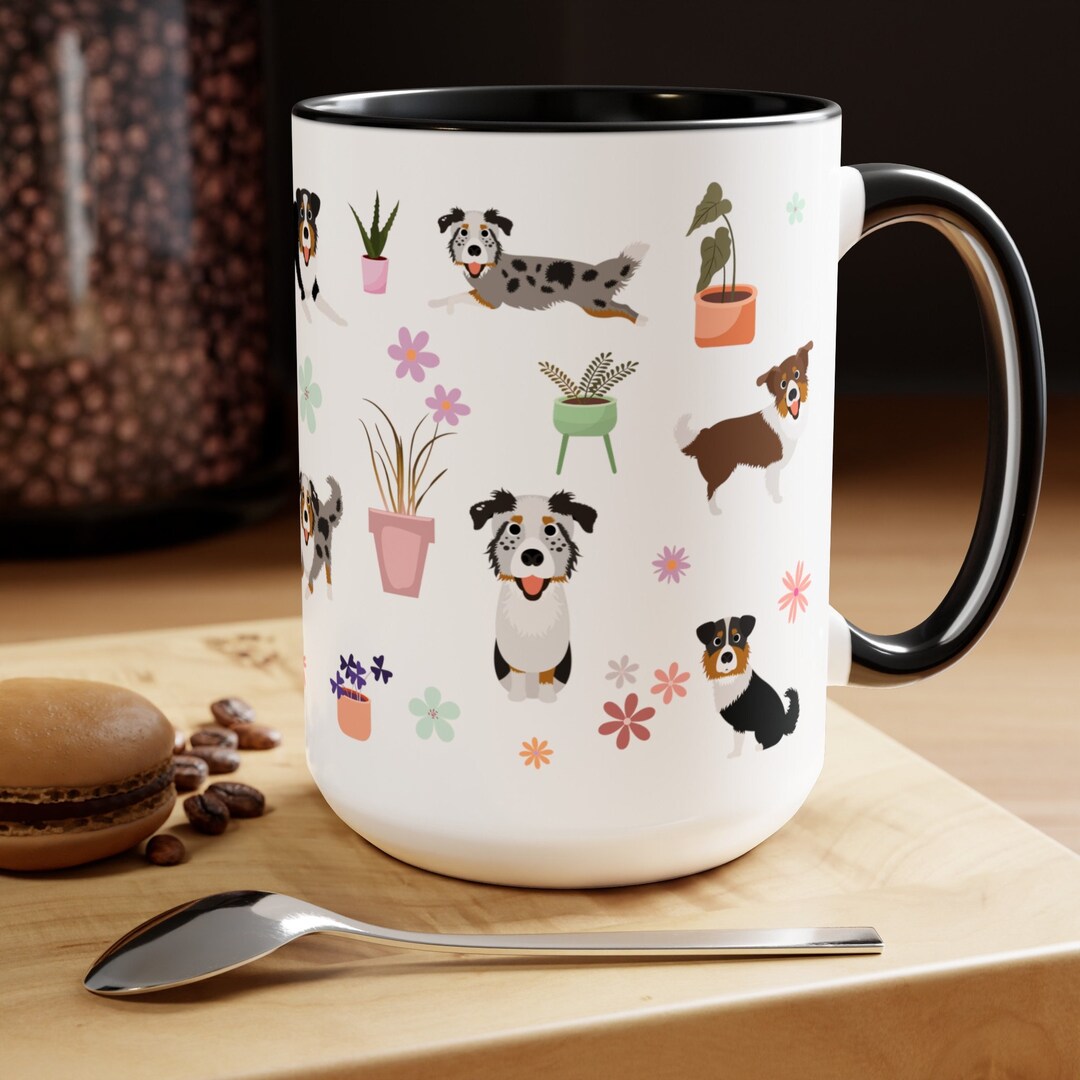 Cute Aussie Coffee Mug, Australian Shepherd Floral Plant Mug, Cute ...
