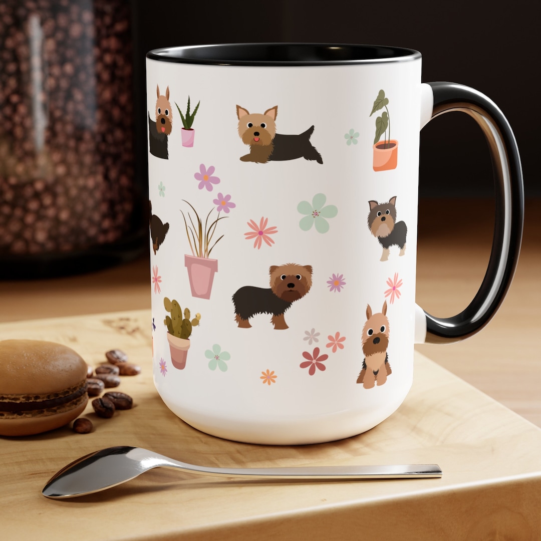 Cute Yorkie Coffee Mug, Playful Yorkshire Terriers With Flowers and ...