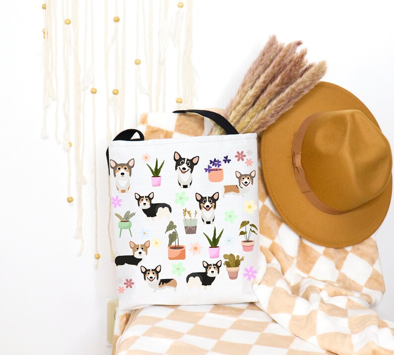 Corgi Tote Bag With Playful Dog and Potted Plants Design, Botanical ...