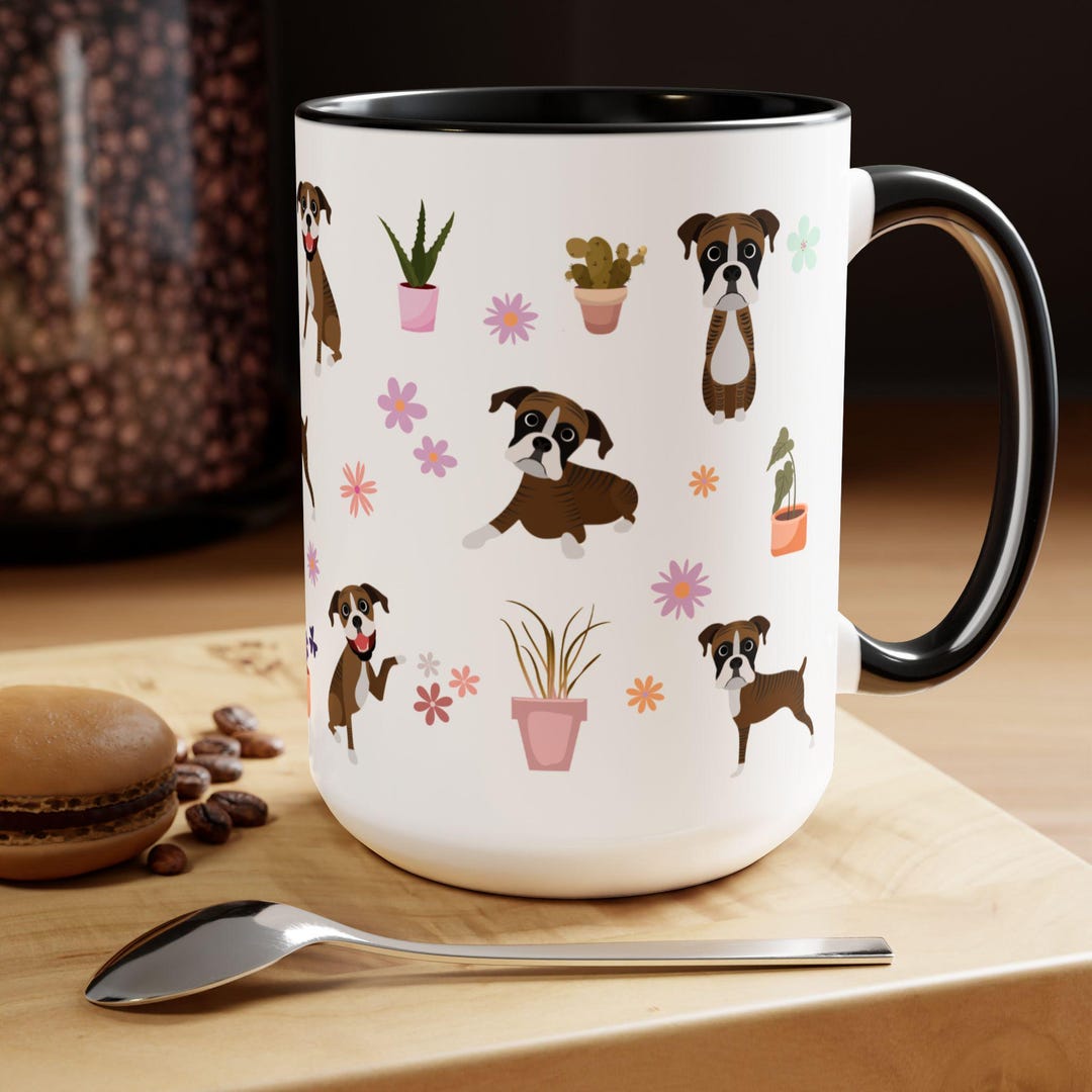 Brindle Boxer Mug, Cute Boxer Coffee Mug With Plants and Flowers, OOAK ...