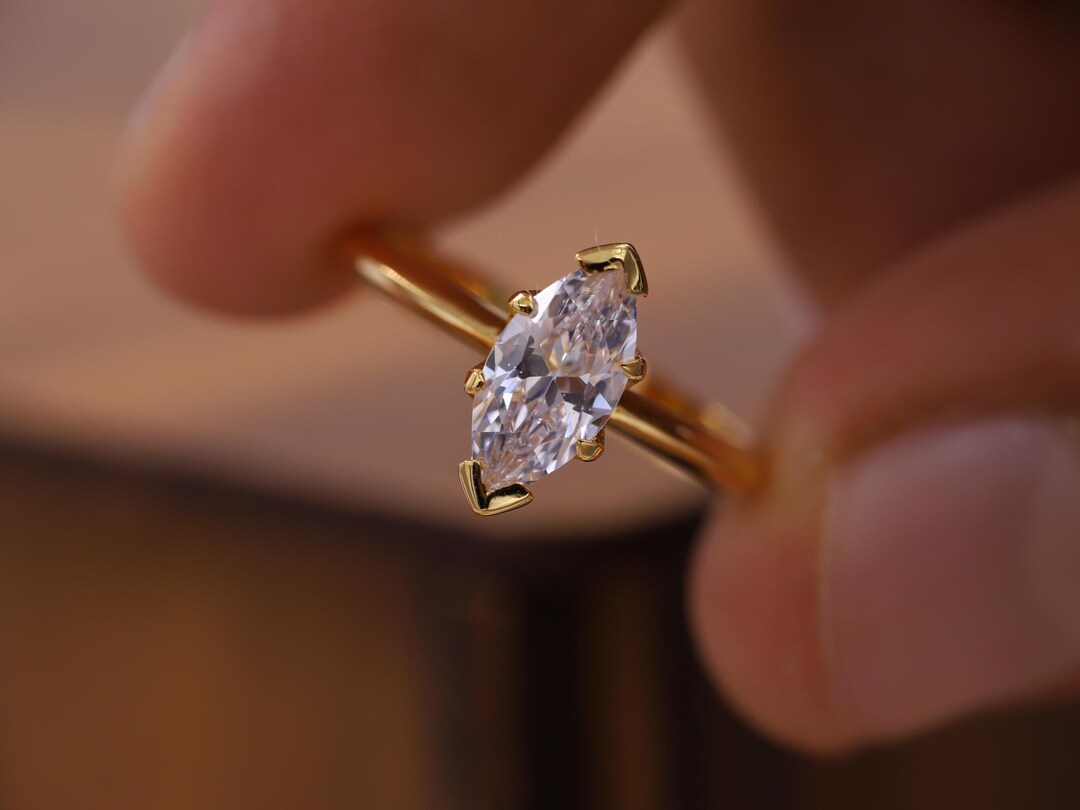 V Shaped Prongs Wedding Ring, Marquise Lab Grown Diamond Ring, 14K ...