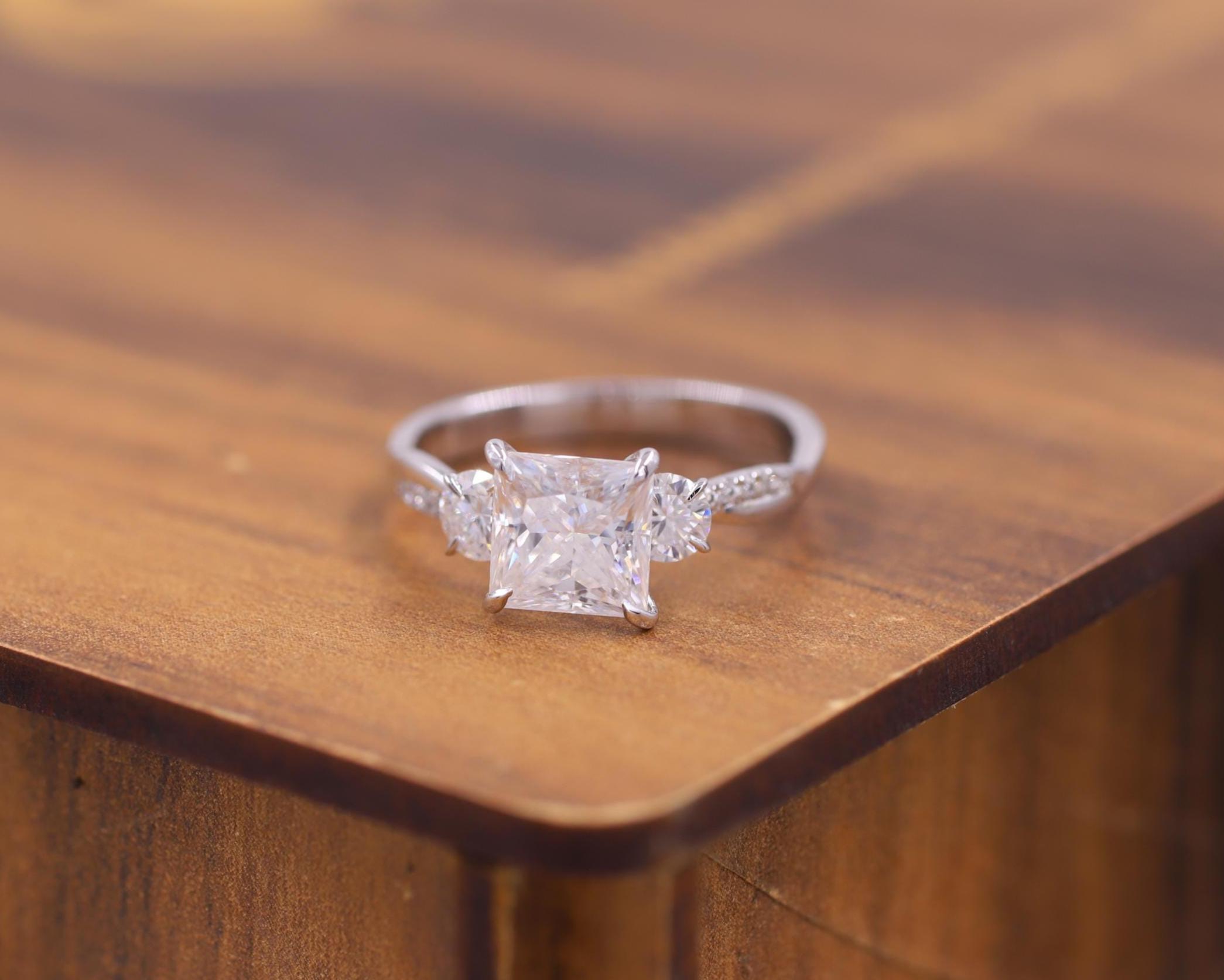 Square Cut Wedding Ring, Twisted Designer Ring, Princess Cut Moissanite ...