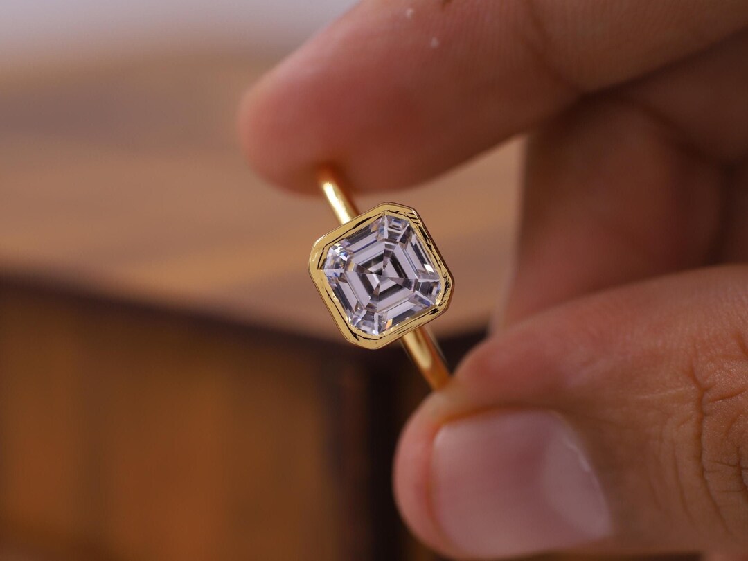Unique Asscher Cut Bezel Set Wedding Ring, Lab Grown Diamond Engagement ...