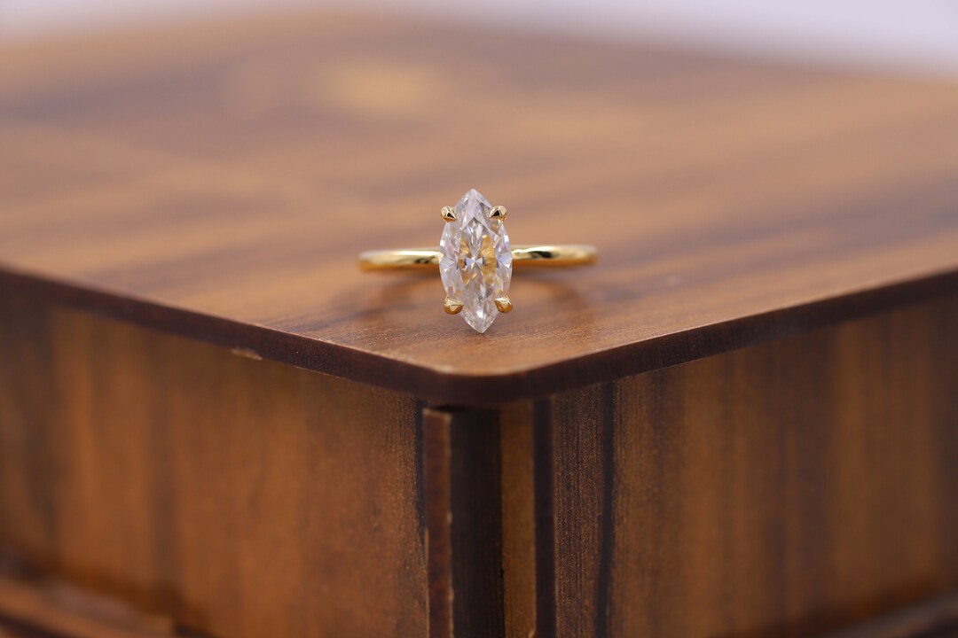 Unique Four Prong Set Wedding Ring, 1.5 CT Marquise Cut Moissanite ...