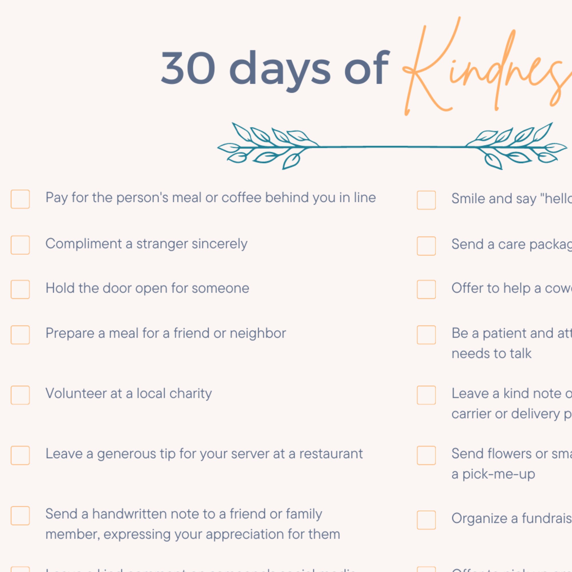 Printable 30 Days of Kindness Checklist | Random Acts of Kindness ...