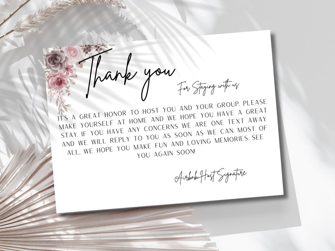 Thank You Card, Airbnb Short Term Vacation Rental Welcome Note to Guest ...