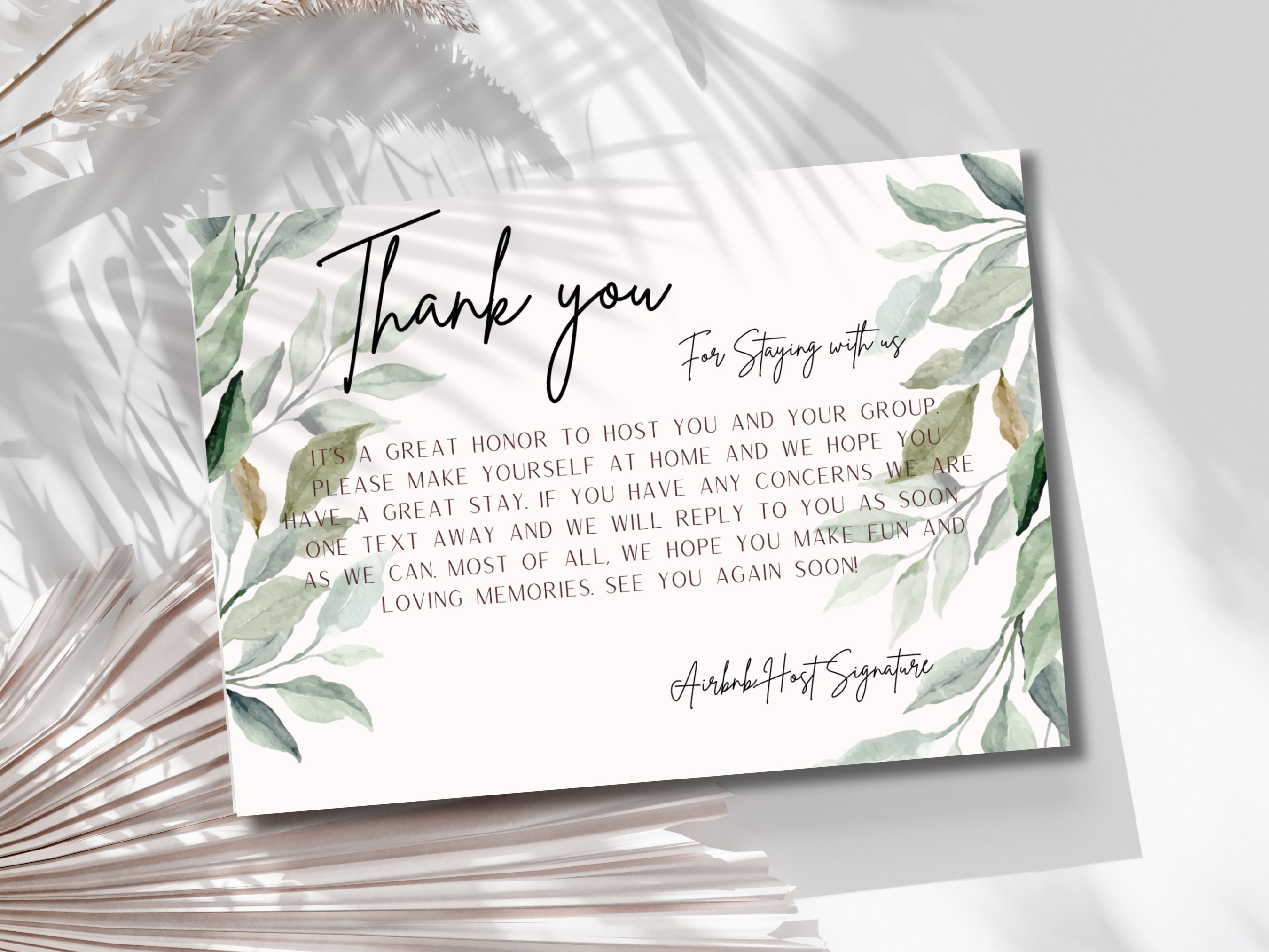 Welcome Card for Guest, Hotel Thank You for Staying, Custom Thank You Card for Vacation Rental ...