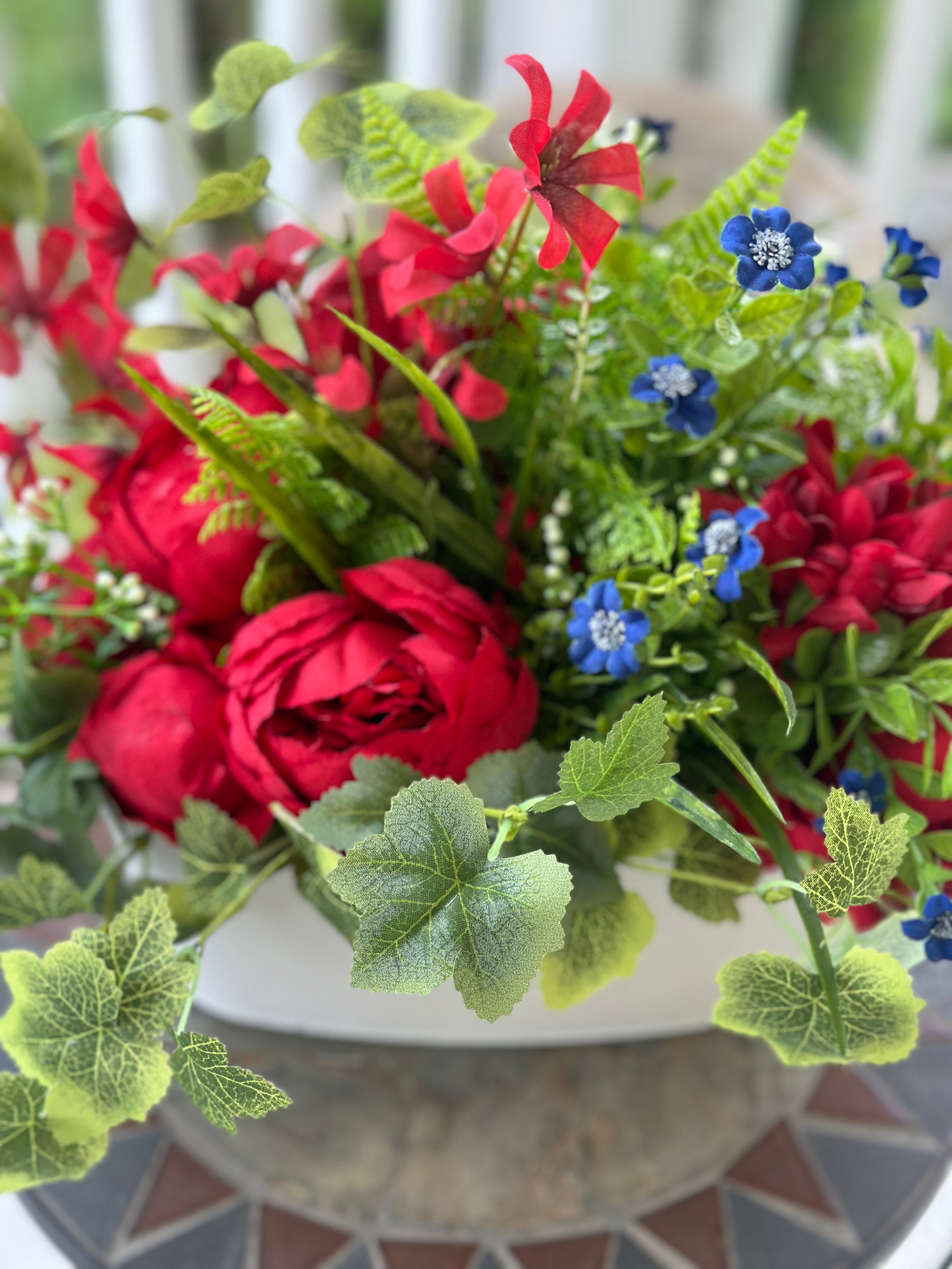 Spring Floral Decor, Patriotic Flower Arrangement, Fourth of July Table ...