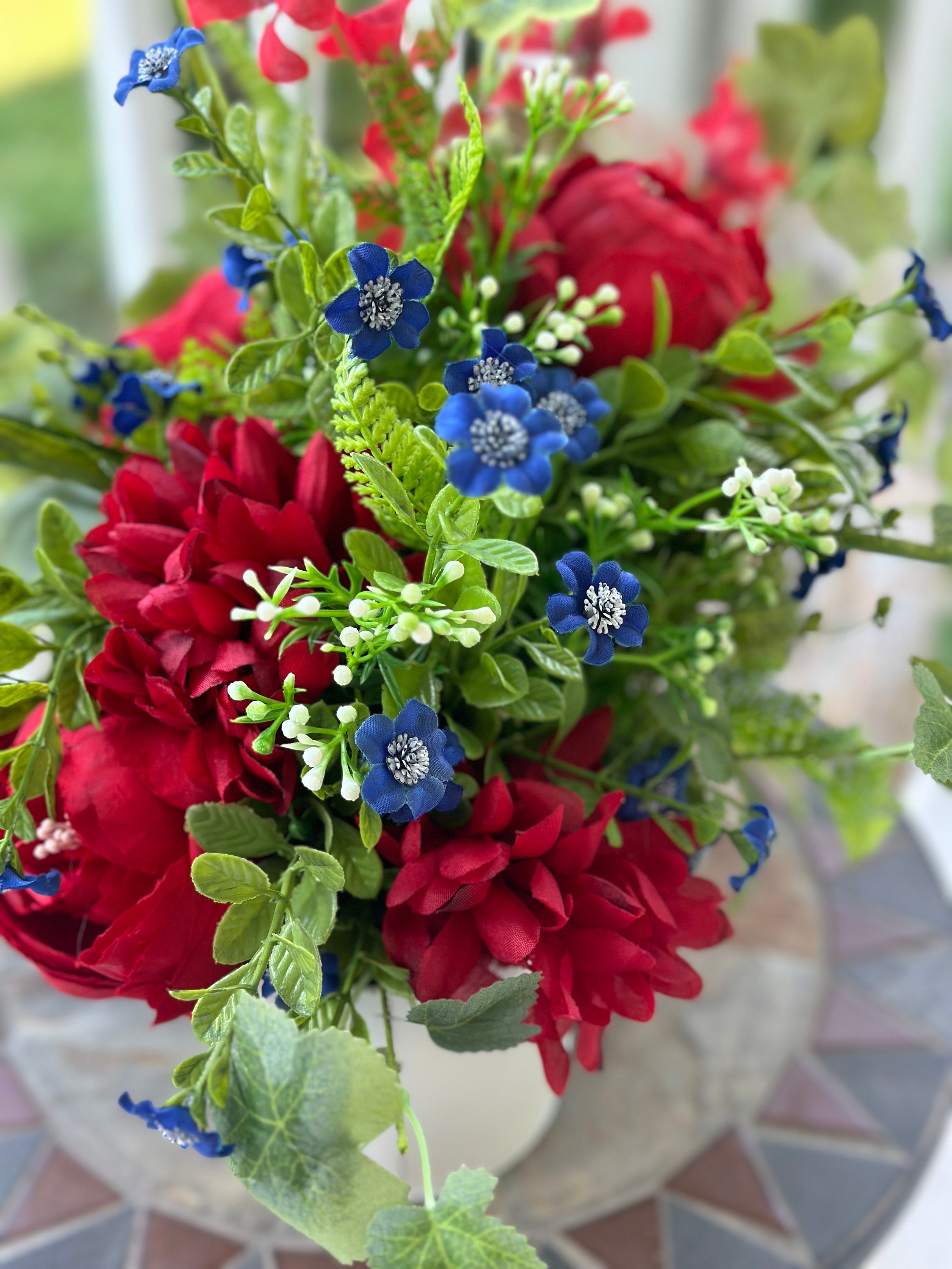 Spring Floral Decor, Patriotic Flower Arrangement, Fourth of July Table ...