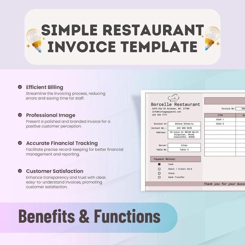 Simple Restaurant Invoice Template, Invoice Spreadsheet, Downloadable ...