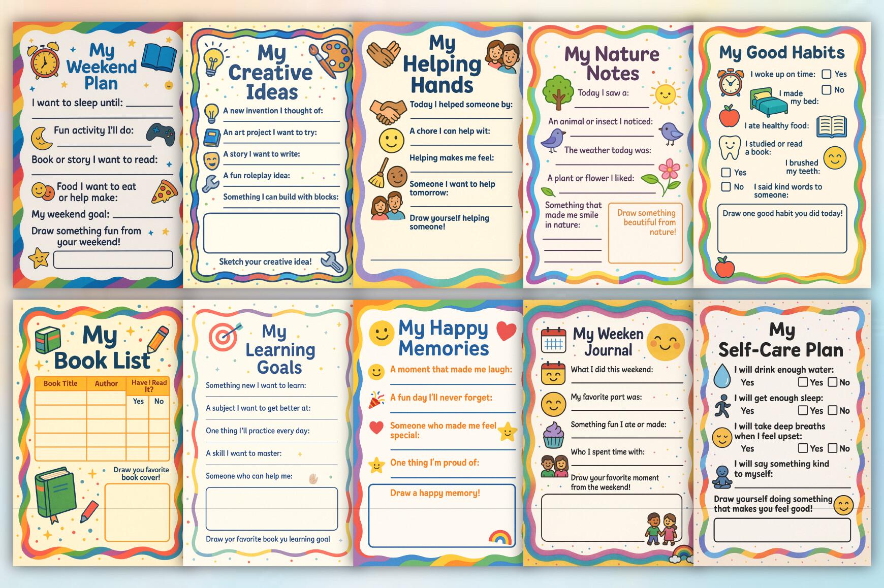 Kids Colorful Planner Printable: 50 Editable Canva Templates (digital ...