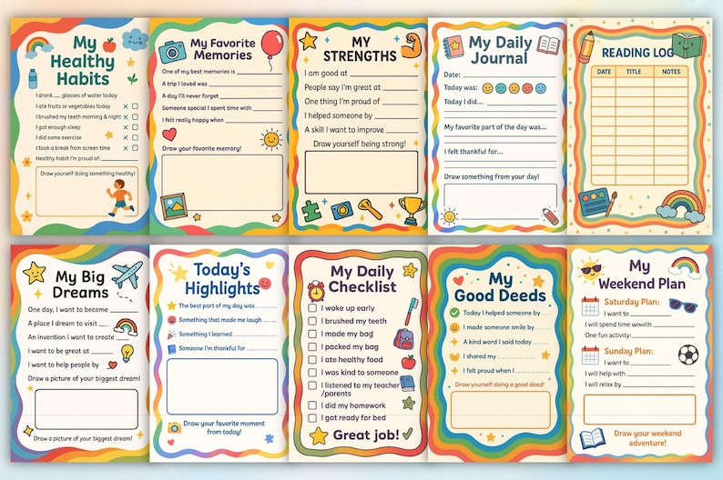 Kids Colorful Planner Printable: 50 Editable Canva Templates (digital ...