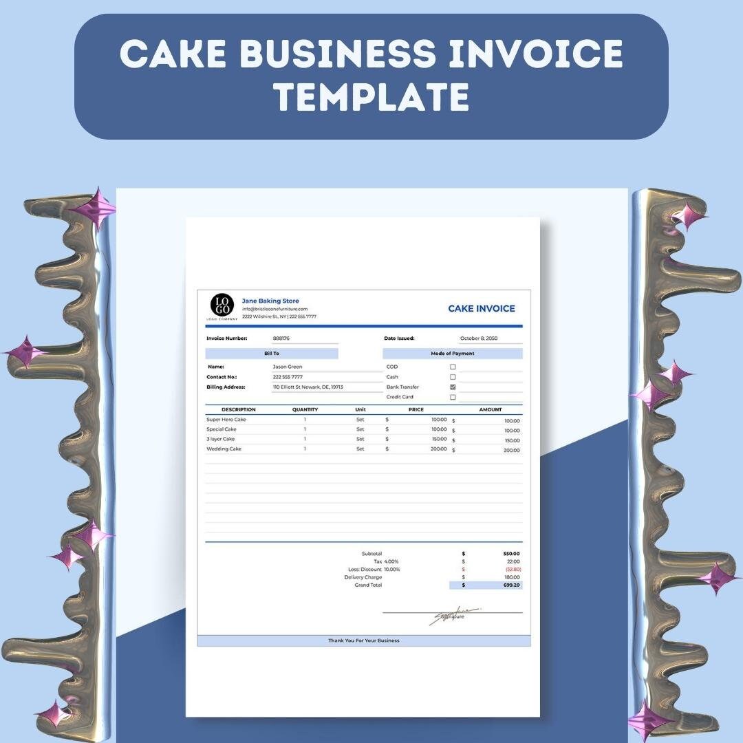 CAKE BUSINESS Excel Invoice Template, Editable Restaurant Invoice ...