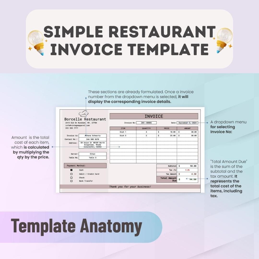 Simple Restaurant Invoice Template Invoice Spreadsheet - Etsy