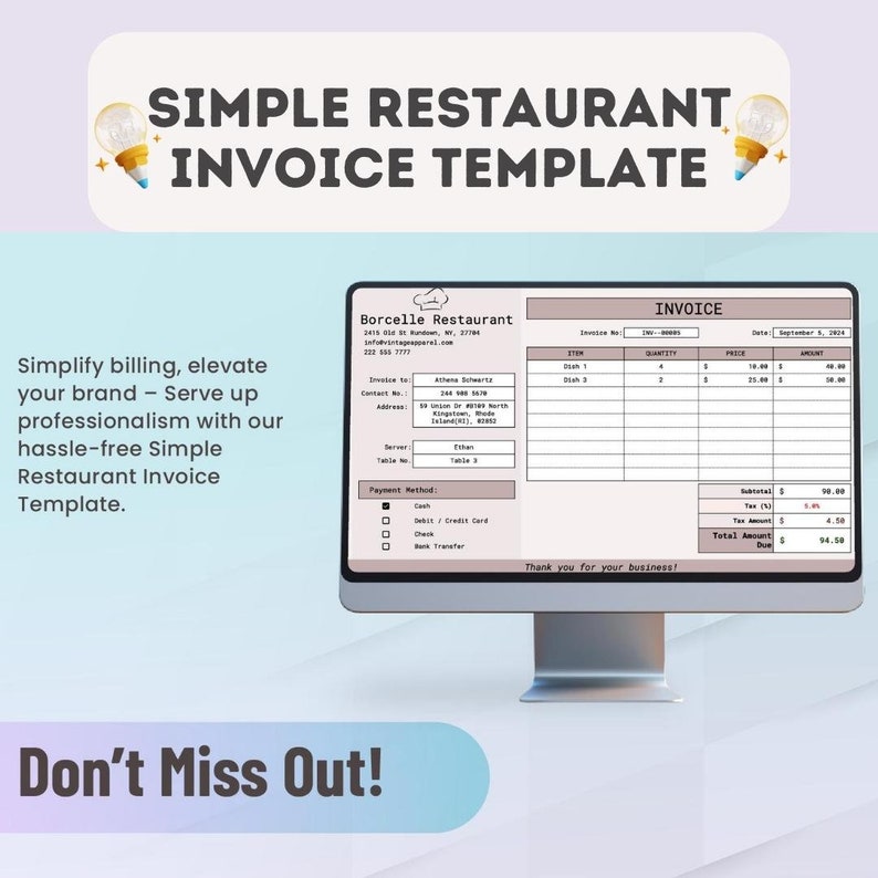 Simple Restaurant Invoice Template Invoice Spreadsheet - Etsy