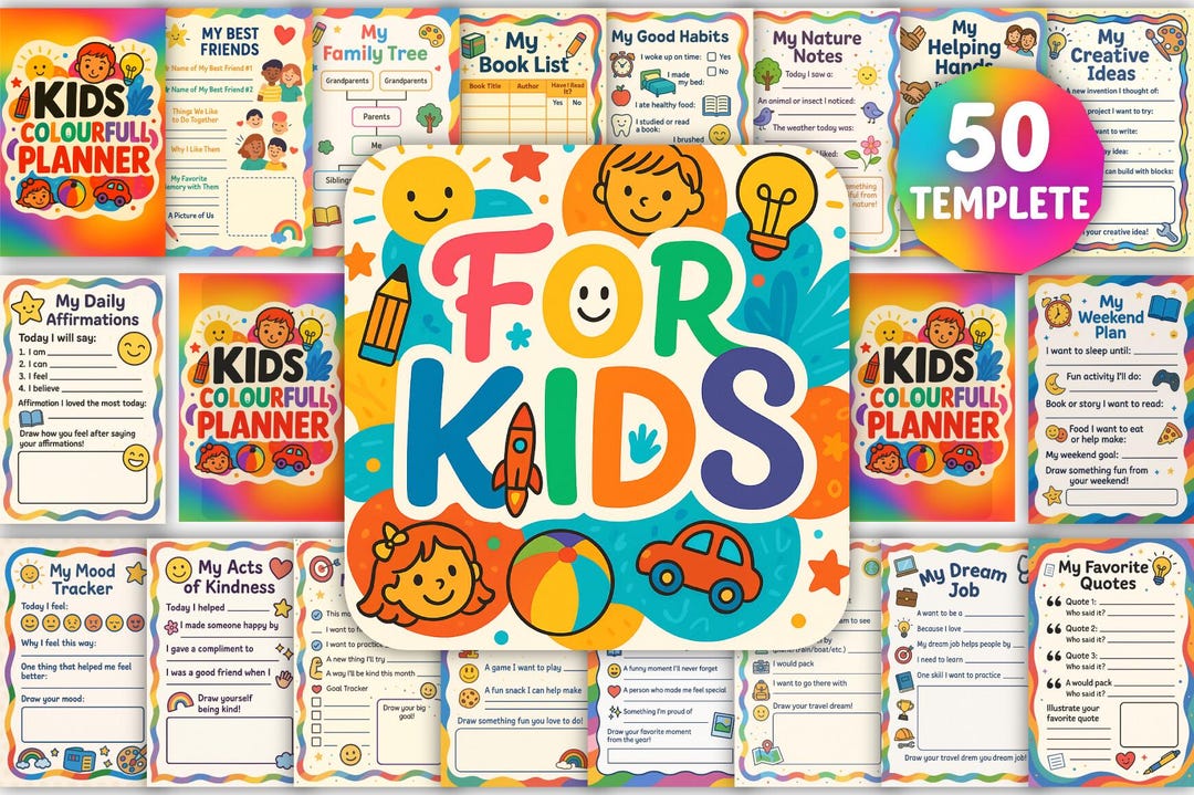 Kids Colorful Planner Printable: 50 Editable Canva Templates (digital ...