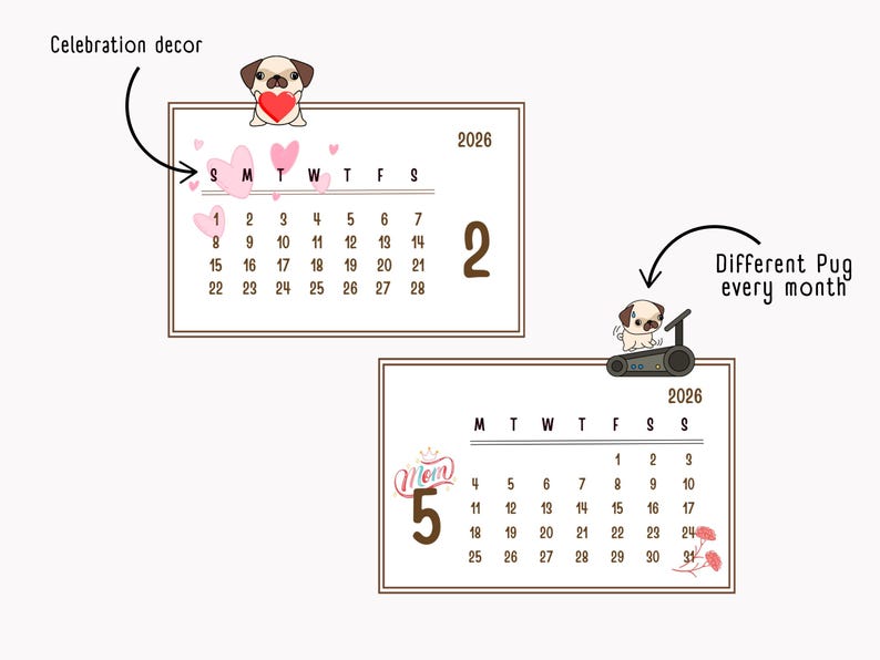 Cute Pug Dog Desk Calendar 2026 | Printable SVG Desk Calendar | Cricut ...