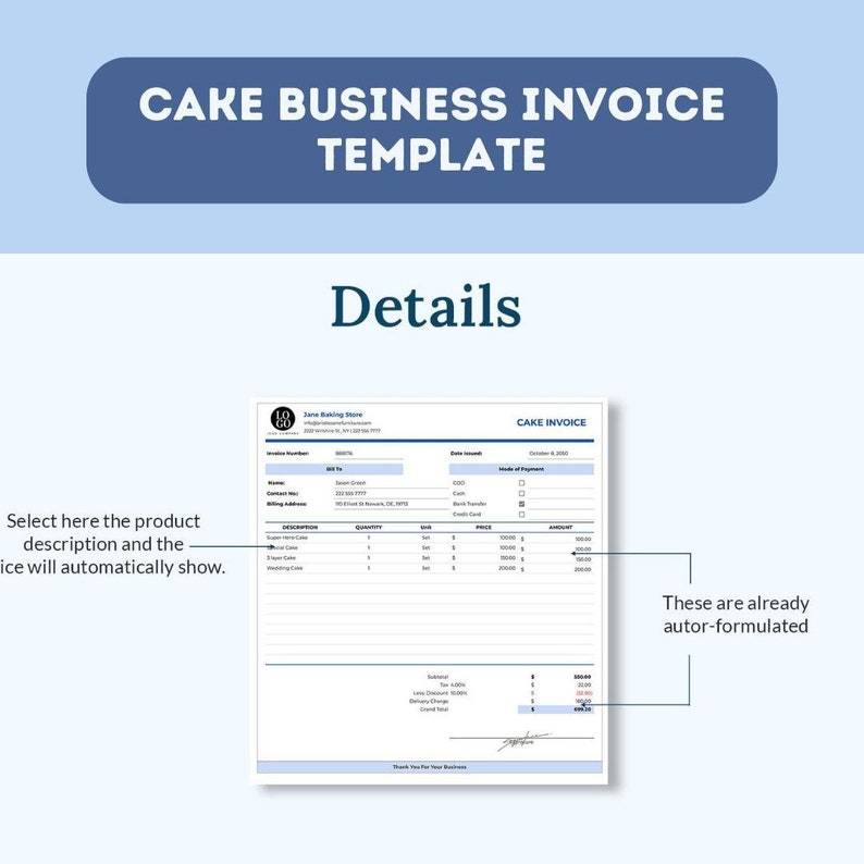 CAKE BUSINESS Excel Invoice Template, Editable Restaurant Invoice ...