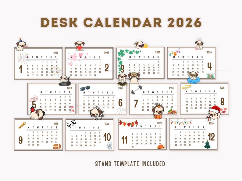 Cute Pug Dog Desk Calendar 2026 | Printable SVG Desk Calendar | Cricut ...