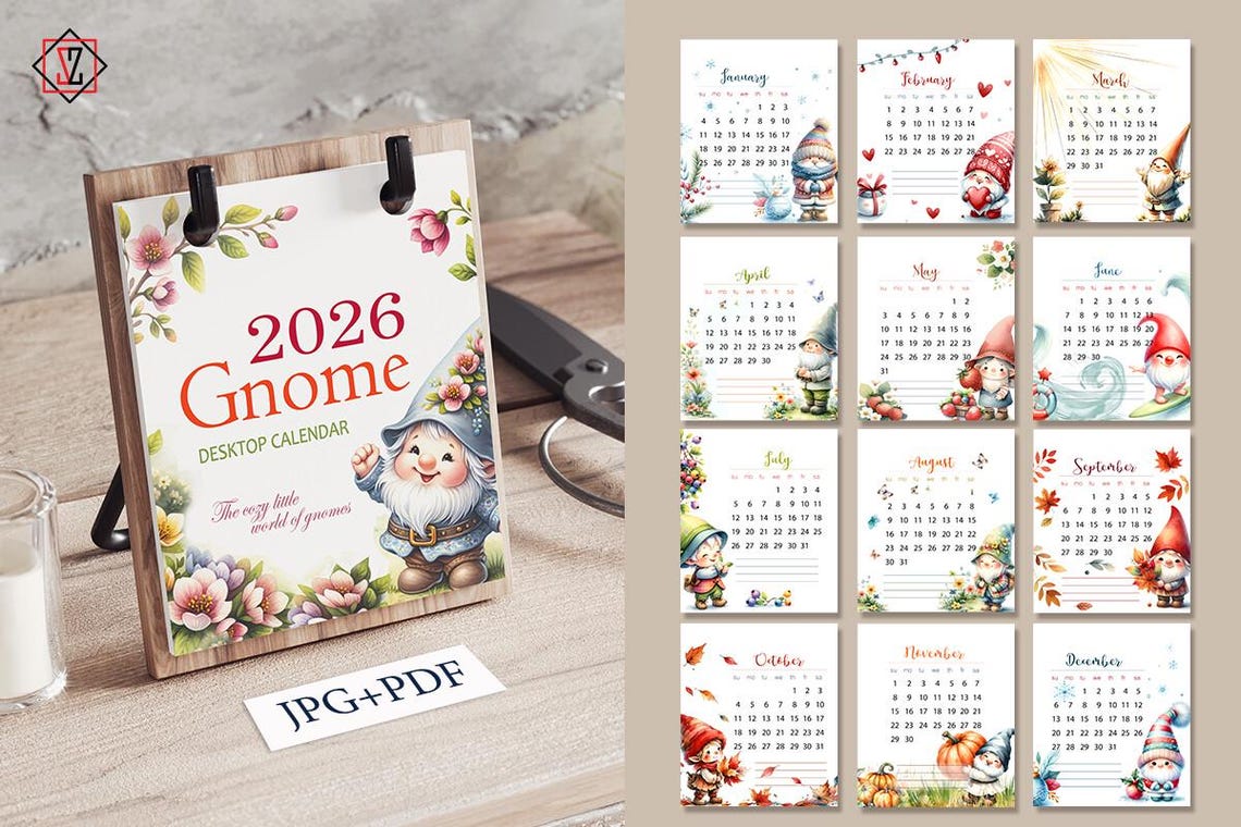 2026 Gnome Desk Calendar Printable | Cute Gnomes Monthly Calendar | 12 ...