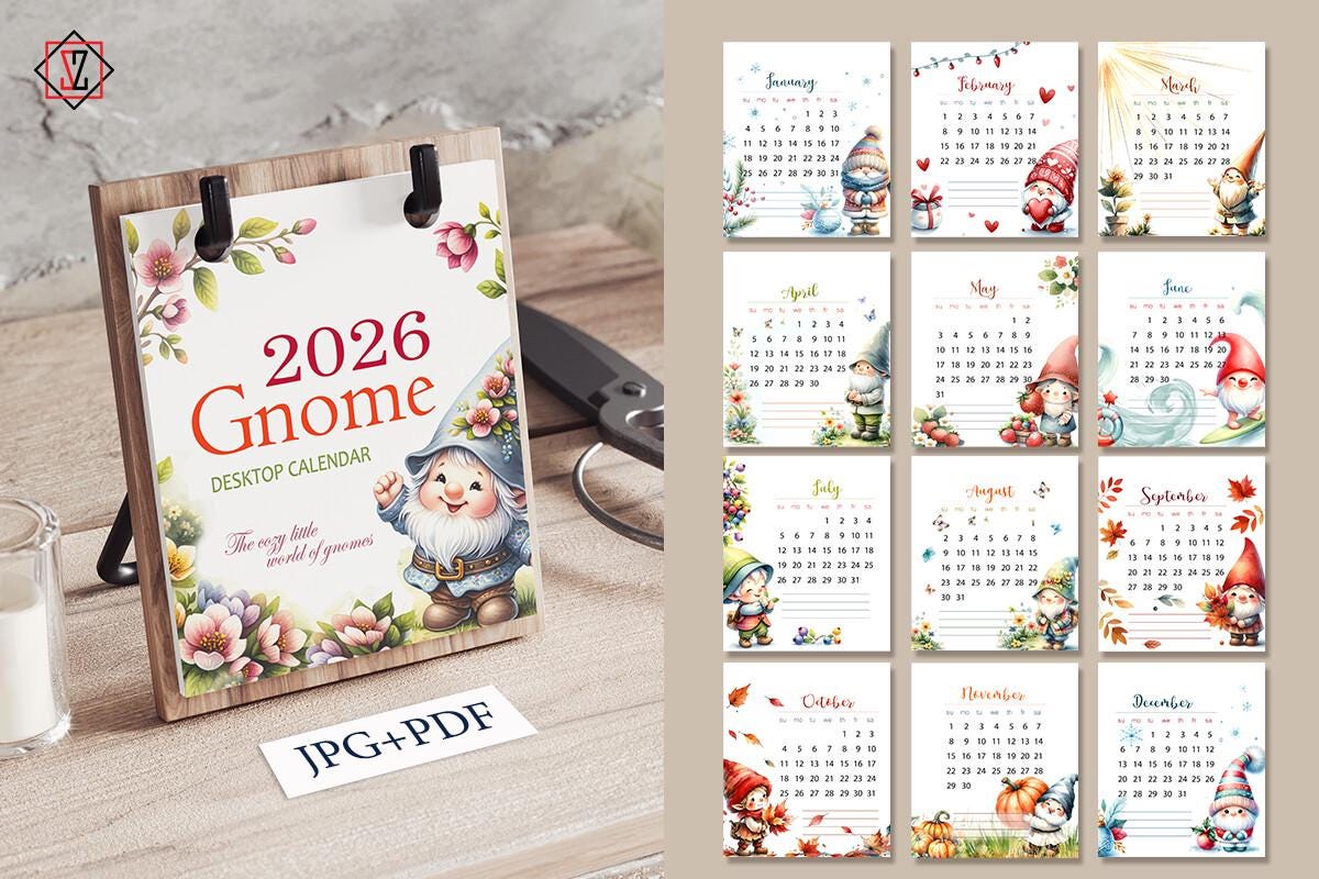 2026 Gnome Desk Calendar Printable | Cute Gnomes Monthly Calendar | 12 ...