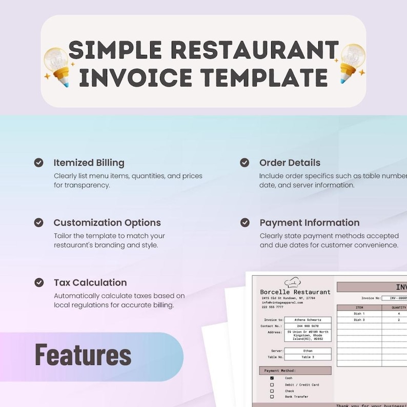 Simple Restaurant Invoice Template, Invoice Spreadsheet, Downloadable ...