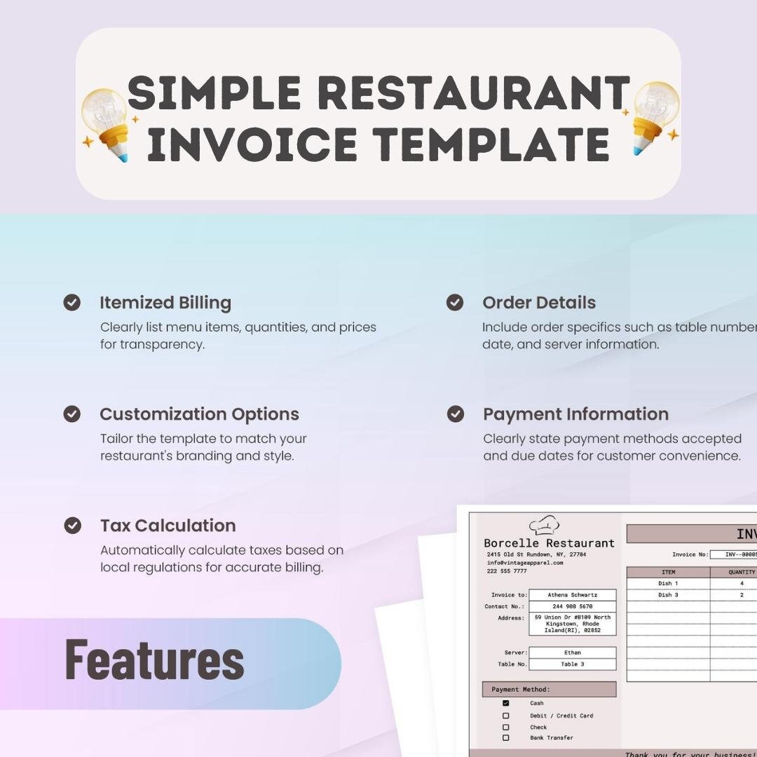 Simple Restaurant Invoice Template, Invoice Spreadsheet, Downloadable ...