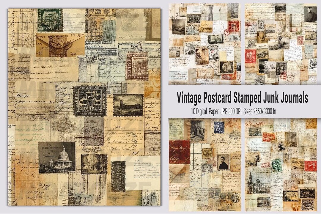 Vintage Postcard Stamped Junk Journal Pages | Printable Ephemera Kit ...