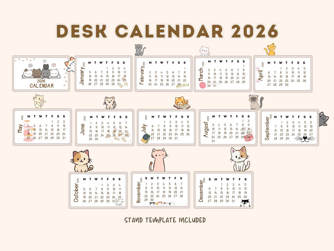 Cat Desk Calendar 2026 Printable | Cute Cat Desk Calendar | Diy ...